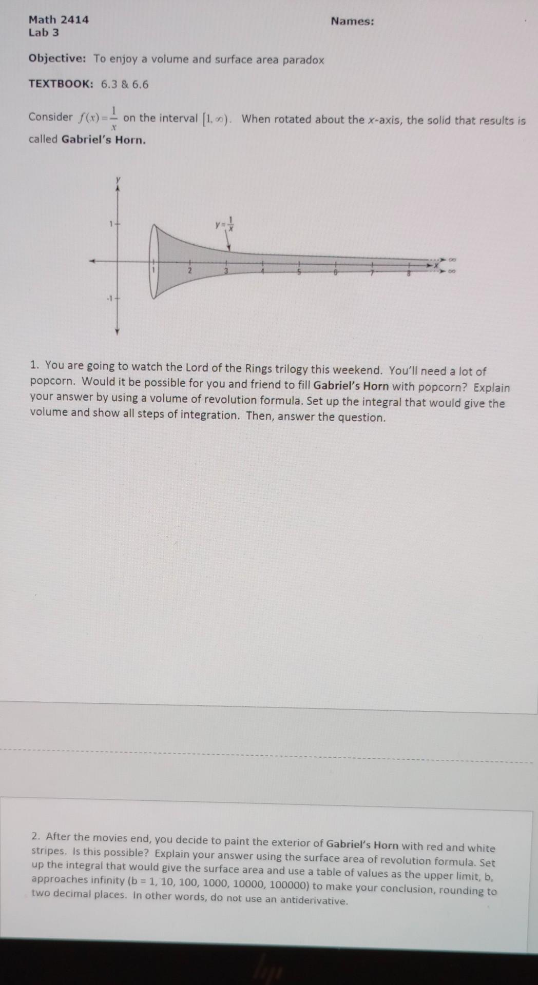 Solved Math 2414 Names: Lab 3 Objective: To enjoy a volume | Chegg.com