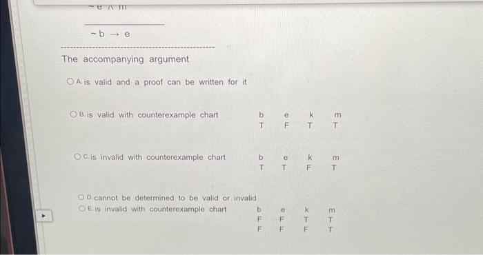 Solved m→(kv−b)−e∧m∼b→e accompanying argument A. is valid | Chegg.com