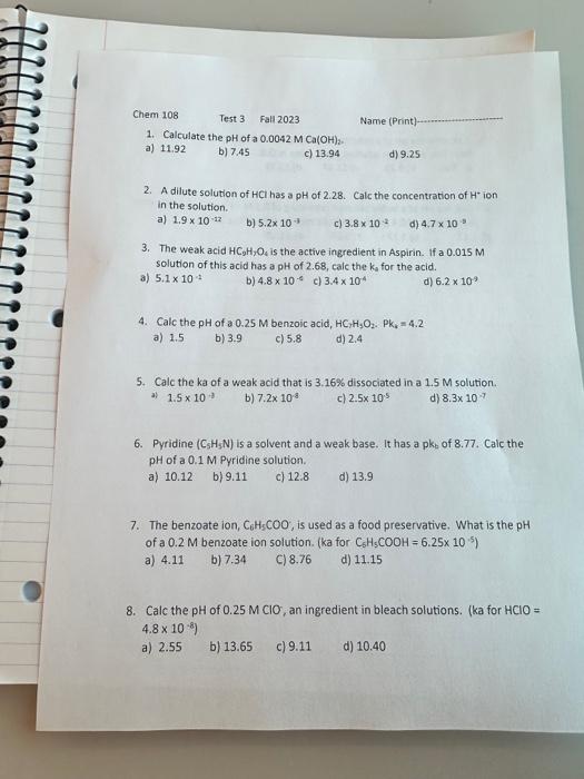 Solved Chem 108 Test 3 Fall 2023 Name (Print) 1. Calculate | Chegg.com