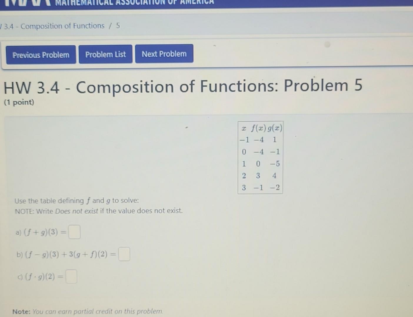 W 3.4 - Composition of Functions / 5 Previous | Chegg.com