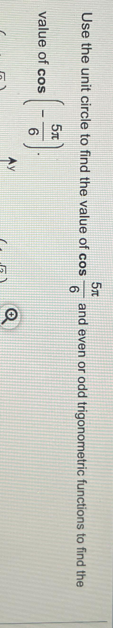 Solved Use the unit circle to find the value of cos5π6 ﻿and | Chegg.com
