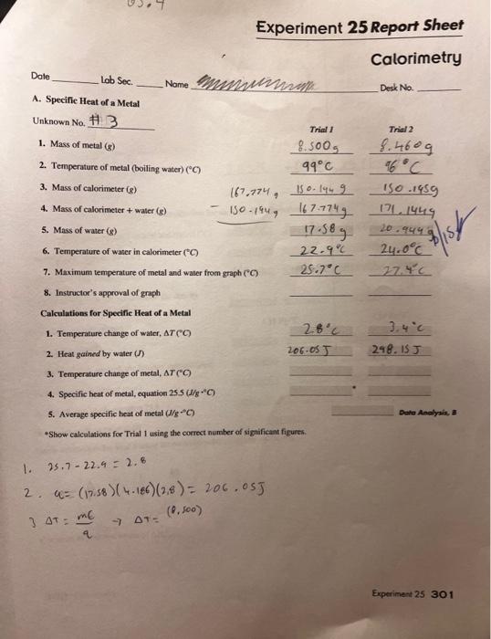 Solved Experiment 25 Report Sheet Calorimetry - I need help | Chegg.com