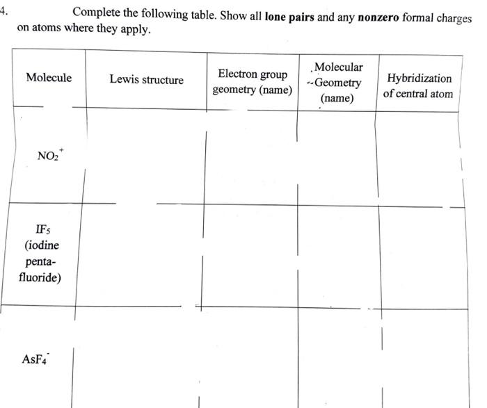 Solved Complete the following table. Show all lone pairs and | Chegg.com
