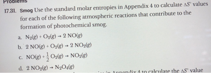 Solved 17.31. Smog Use the standard molar entropies in | Chegg.com