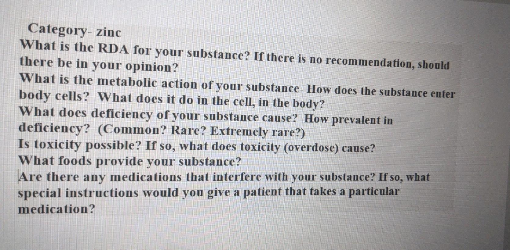 Solved Category- zinc What is the RDA for your substance? If | Chegg.com