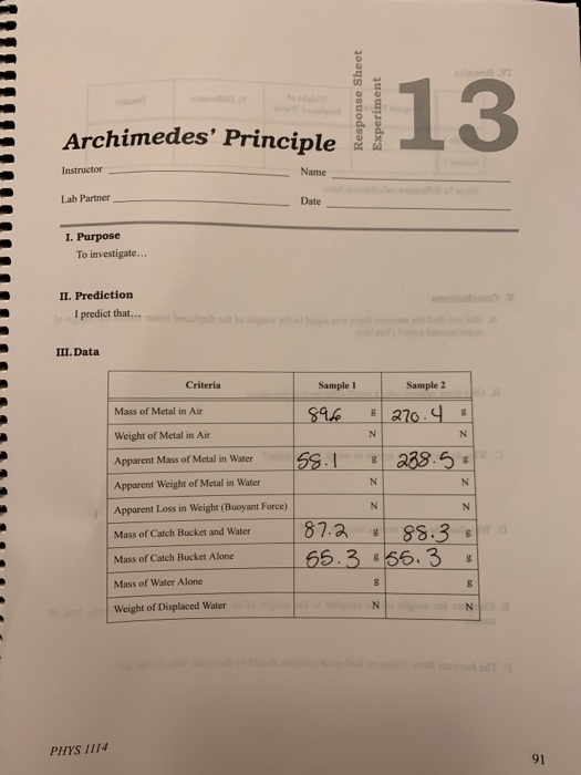 Solved Experiment 13 Archimedes' Principle Objective To | Chegg.com