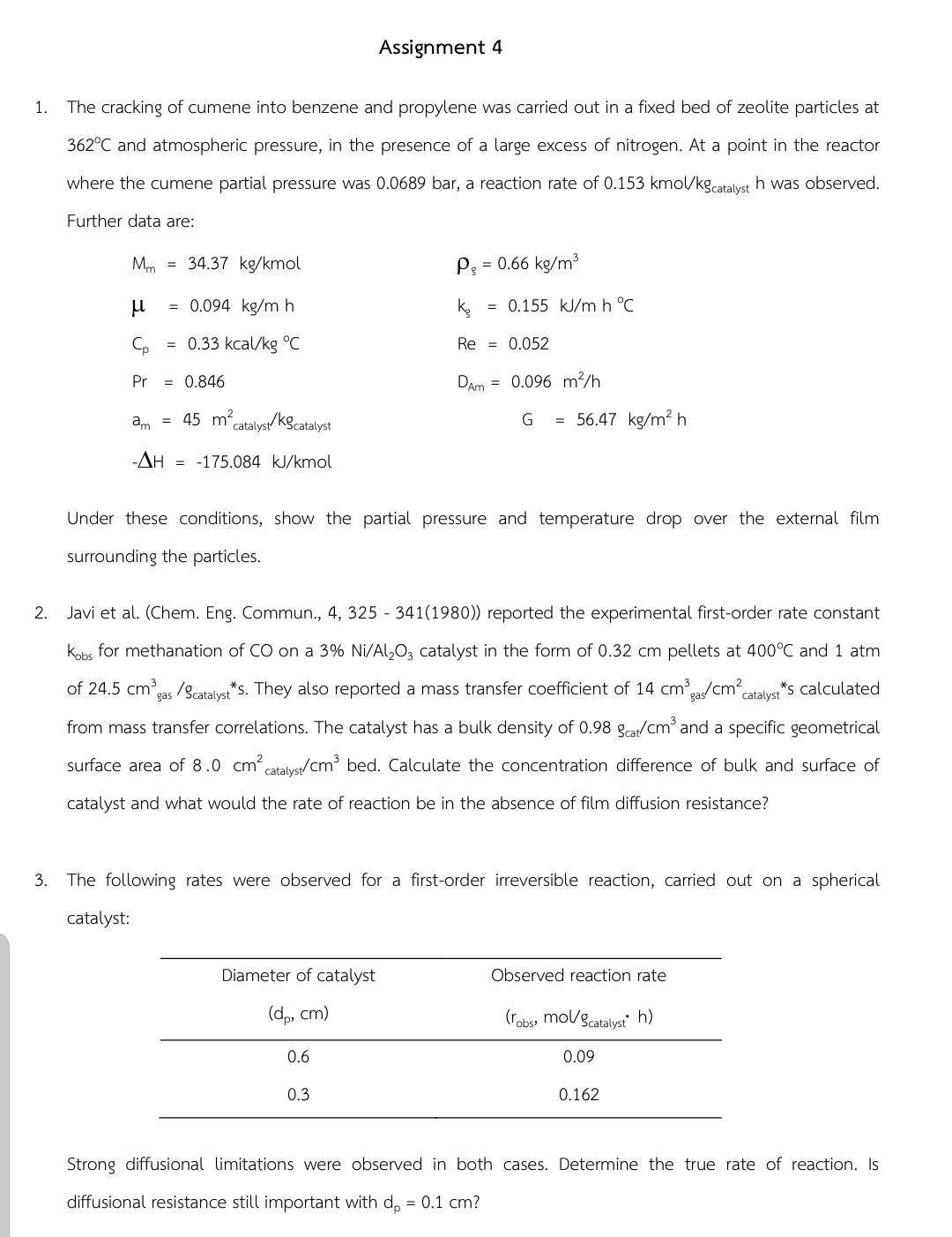 Solved Assignment 4 1. The cracking of cumene into benzene | Chegg.com