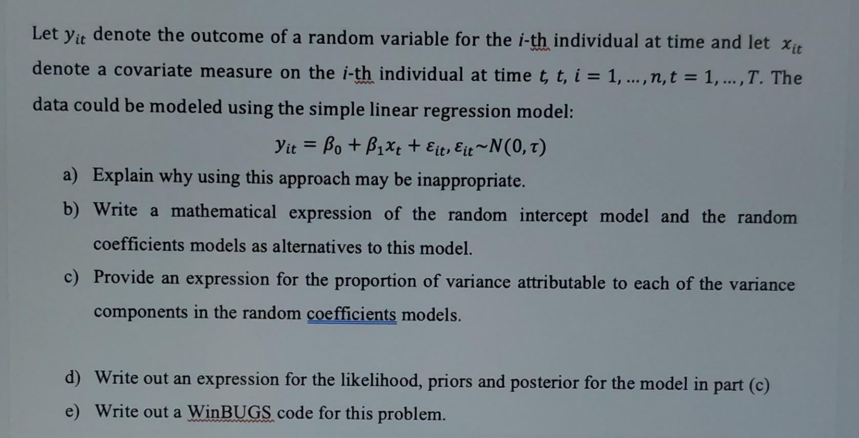 Solved Let yit denote the outcome of a random variable for | Chegg.com