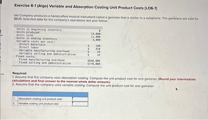 Solved Exercise 6-1 (Algo) Variable and Absorption Costing | Chegg.com