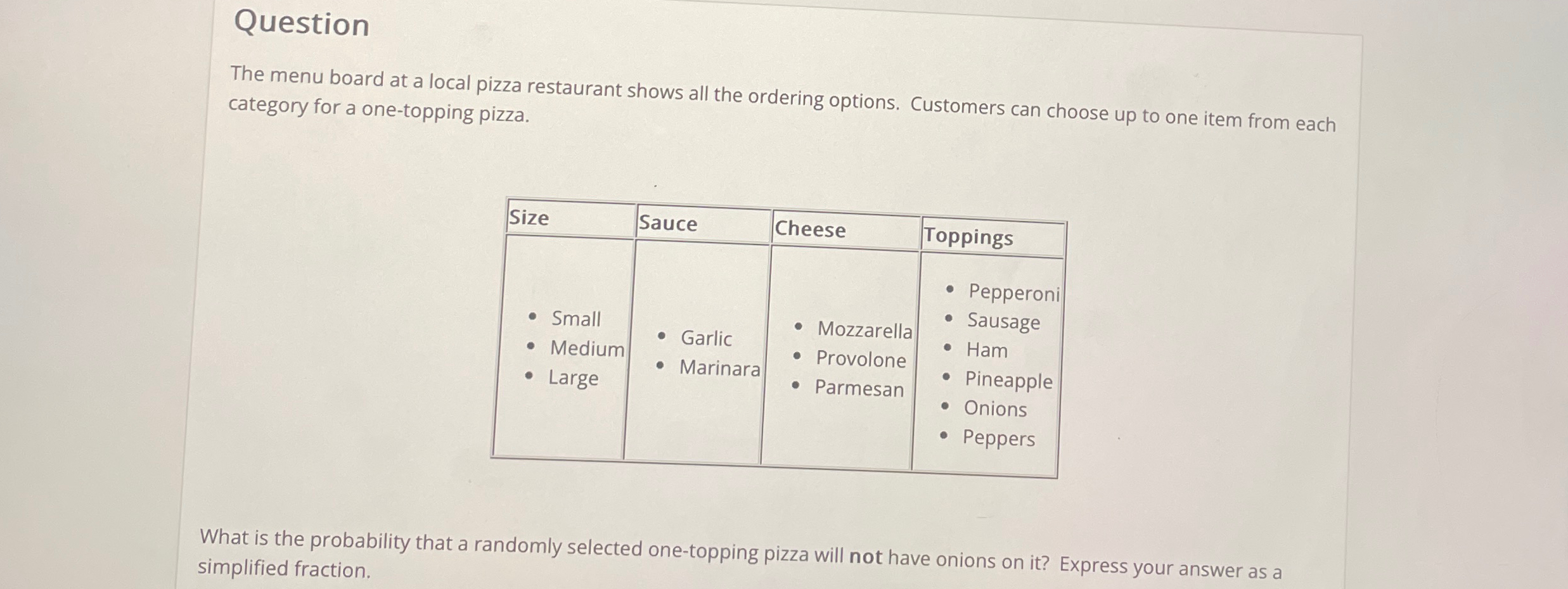 Solved QuestionThe menu board at a local pizza restaurant | Chegg.com