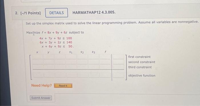 Solved Set up the simplex matrix used to solve the linear | Chegg.com