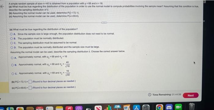 Solved A simple random sample of size n=40 is obtained from | Chegg.com