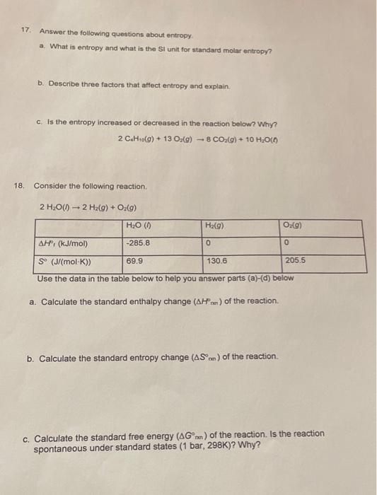 Solved 17. Answer the following questions about entropy. a. | Chegg.com