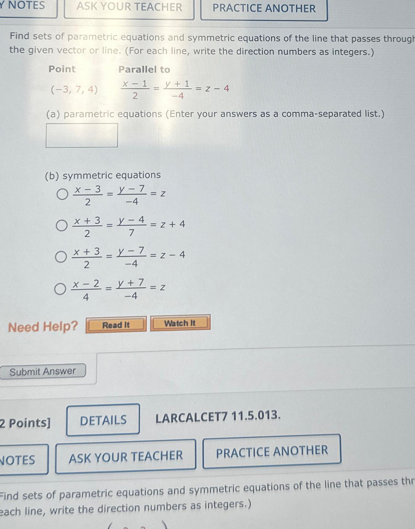 Solved Find Sets Of Parametric Equations And Symmetric