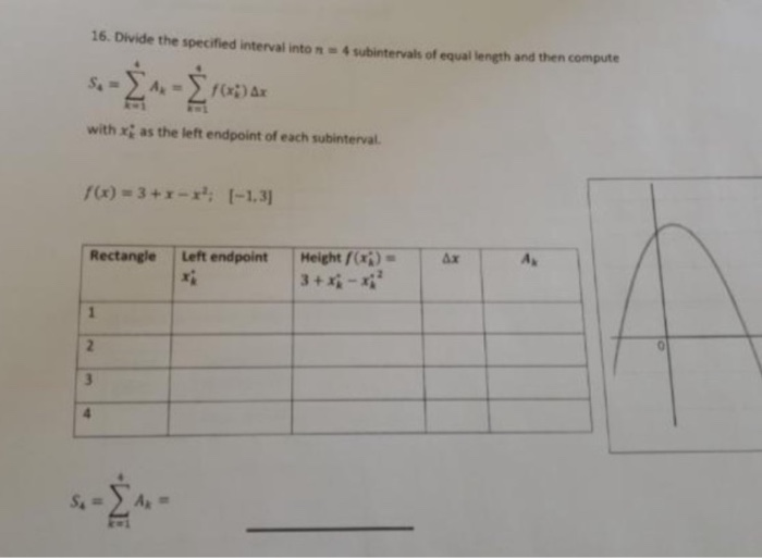 Solved 16. Divide the specified interval into 4 subintervals | Chegg.com