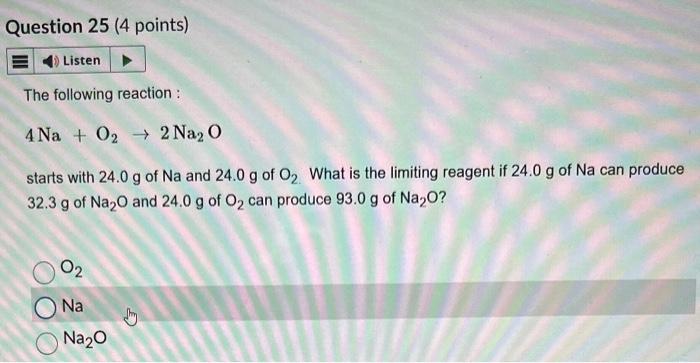 Solved The following reaction : 4Na+O2→2Na2O starts with | Chegg.com