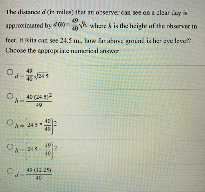 Solved The distance d (in miles) that an observer can see on | Chegg.com