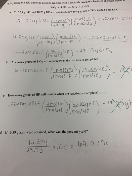 Solved 13. Hydrofluoric acid dissolves glass by reacting | Chegg.com