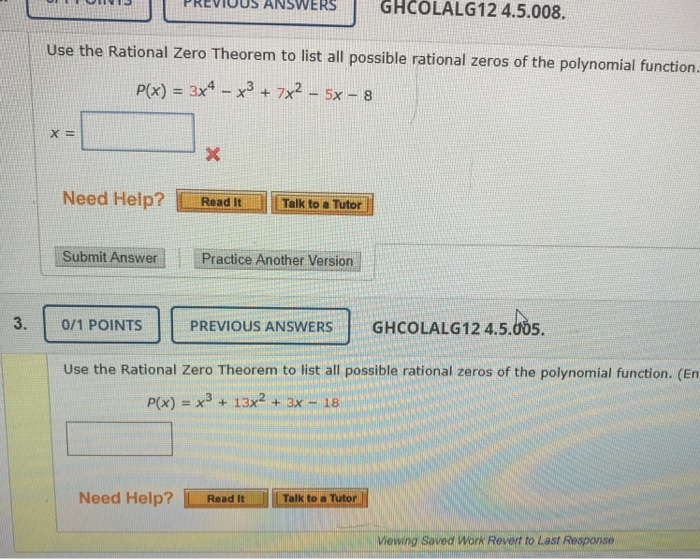 Solved PREVIOUS ANSWERS GHCOLALG12 4.5.008. Use the Rational | Chegg.com