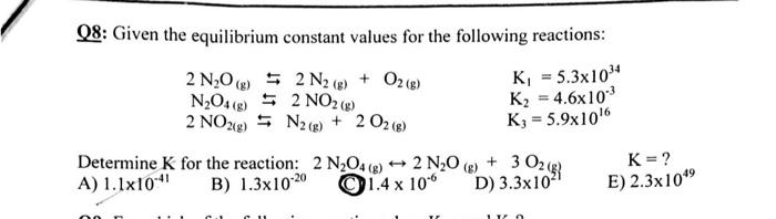 Solved Q8: Given the equilibrium constant values for the | Chegg.com
