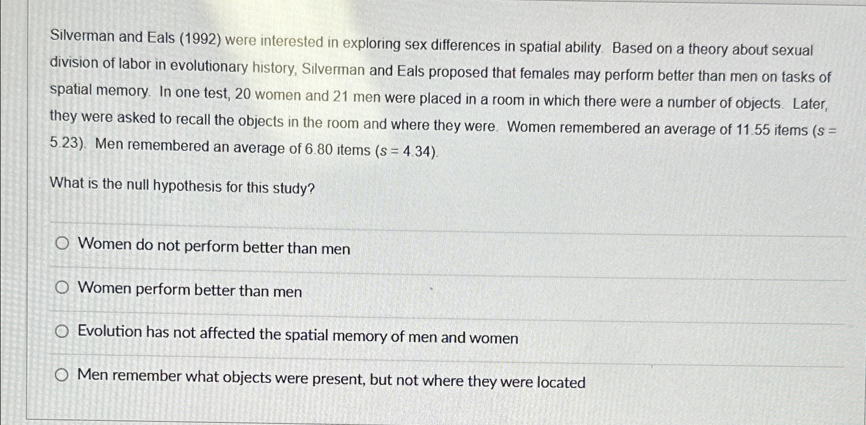 Solved Silverman and Eals (1992) ﻿were interested in | Chegg.com