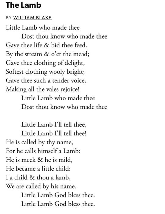 The Lamb BY WILLIAM BLAKE Little Lamb who made thee | Chegg.com