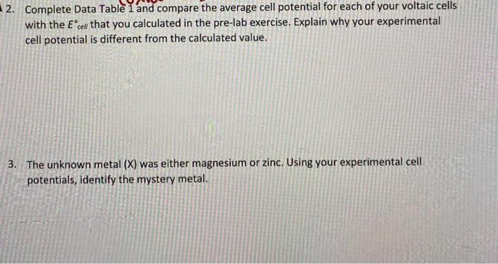 Solved Data Table 1. Determine E* for Various Voltaic Cells | Chegg.com