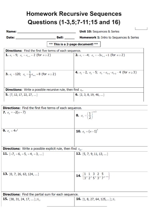 Solved Homework Recursive Sequences Questions (1-3,5;7-11;15 | Chegg.com