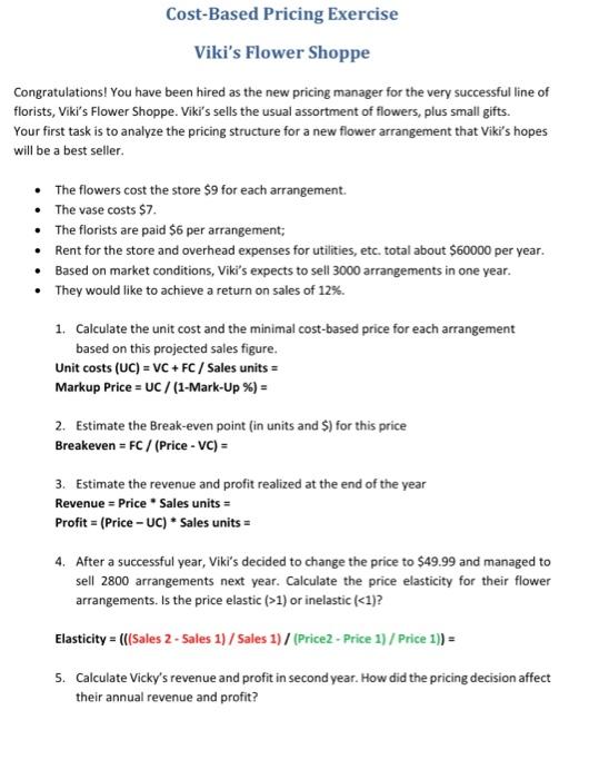 Solved Cost-Based Pricing Exercise Viki's Flower Shoppe | Chegg.com