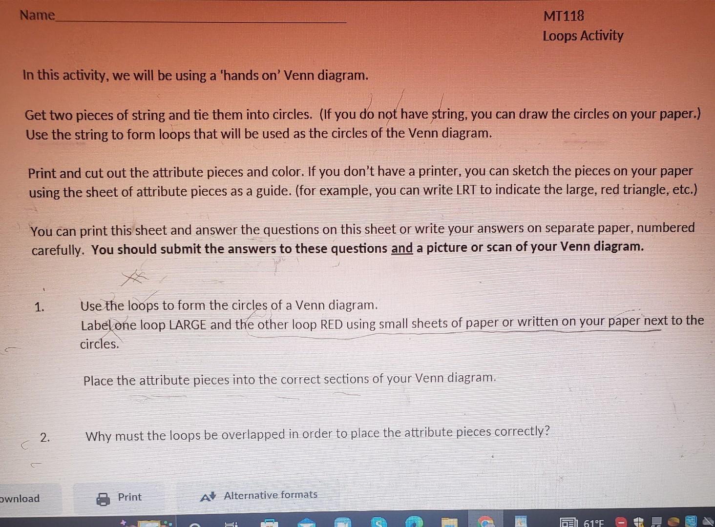 Solved In this activity, we will be using a 'hands on' Venn | Chegg.com