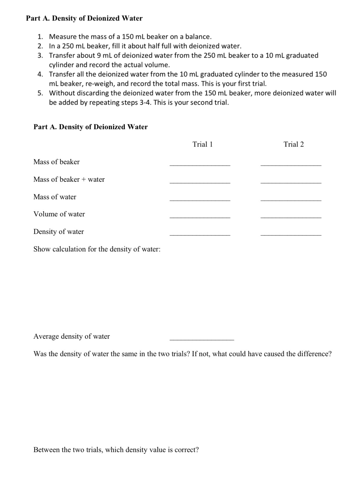 Part A. ﻿Density of Deionized WaterMeasure the mass | Chegg.com