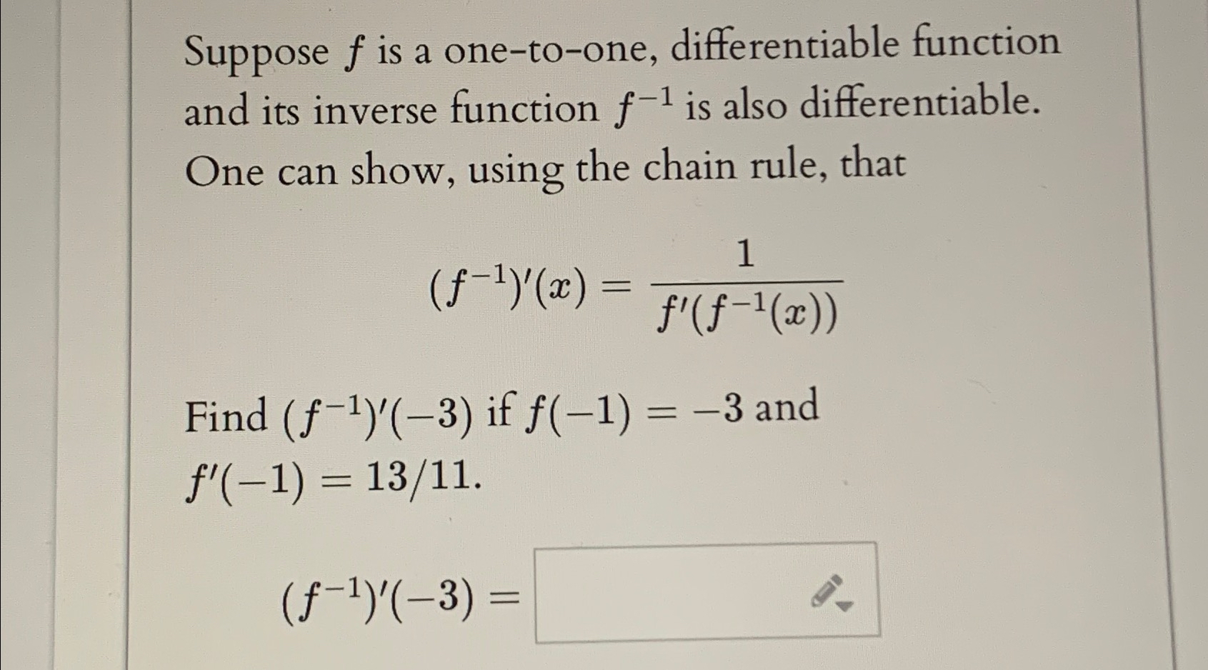 Solved Suppose f ﻿is a one-to-one, differentiable function | Chegg.com