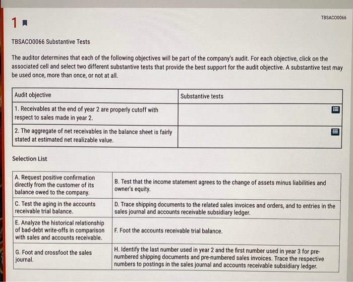 Solved TBSACO0066 1 . TBSAC00066 Substantive Tests The | Chegg.com