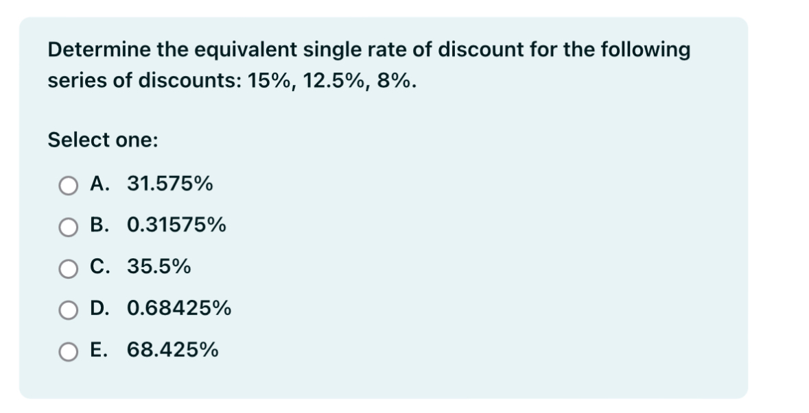 Solved Determine the equivalent single rate of discount for | Chegg.com