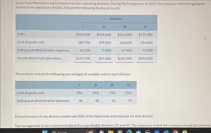 Solved Carla Vista Manufacturing Company has four operating | Chegg.com