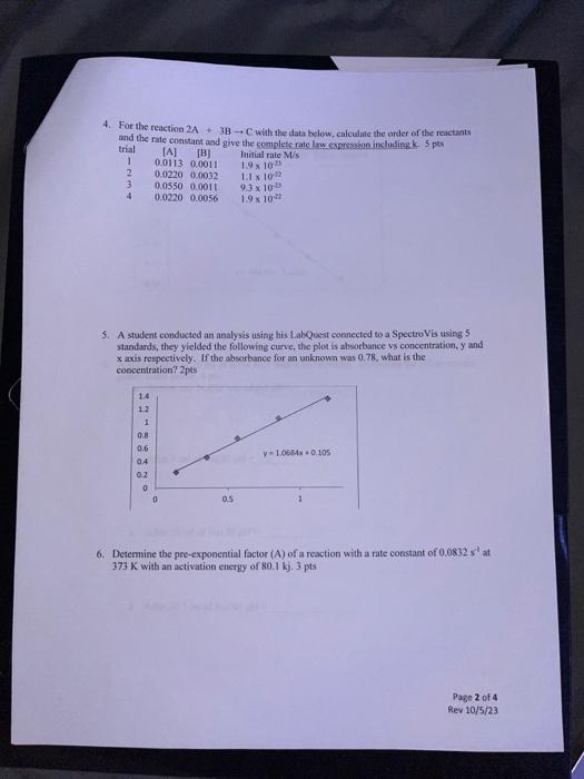 Solved 4. For the reaction 2 A+3 B→C with the data below, | Chegg.com