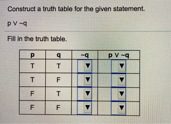 Solved Construct a truth table for the given statement. PV~q | Chegg.com
