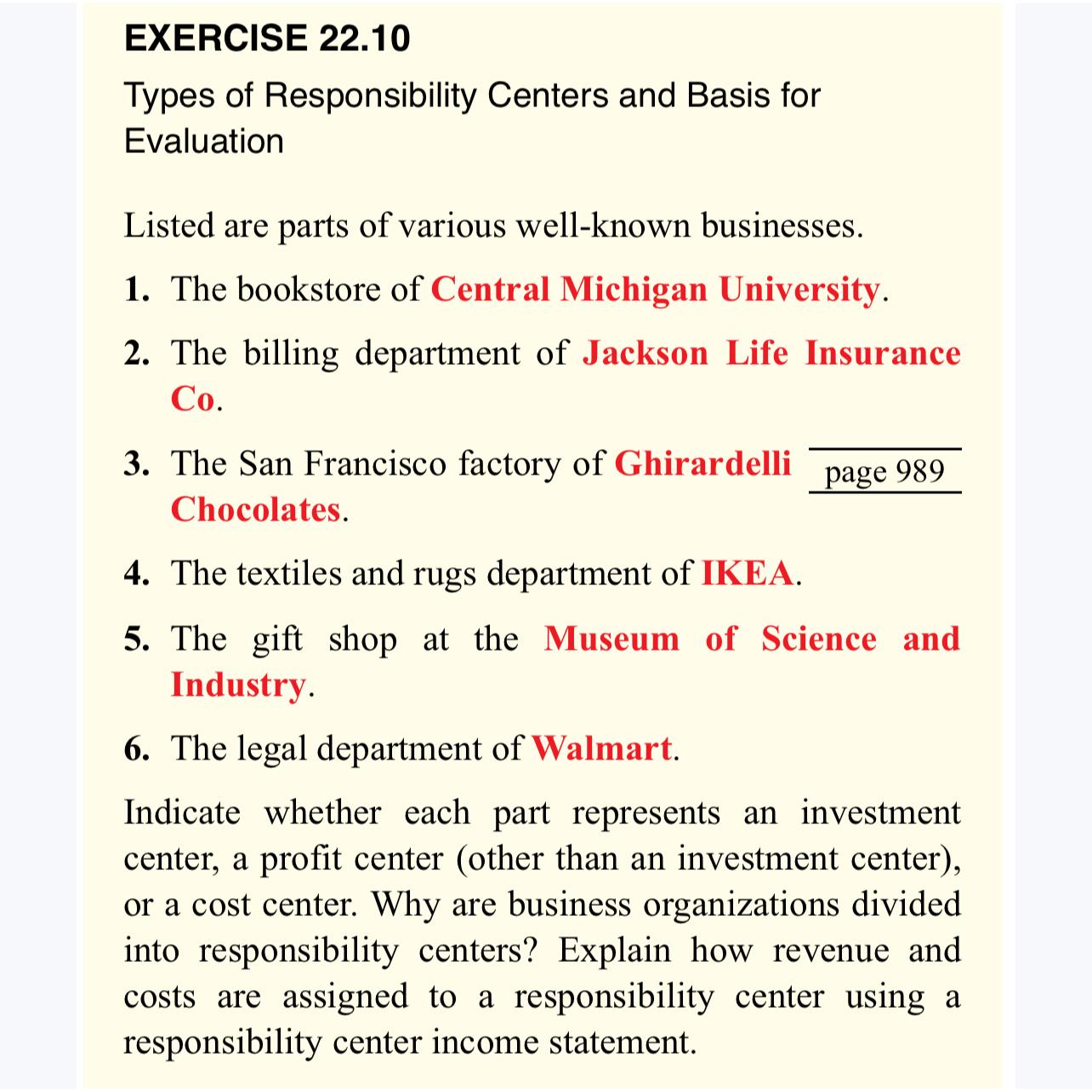 Solved EXERCISE 22.10Types of Responsibility Centers and | Chegg.com