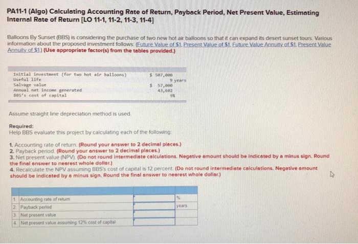 Solved PA11-1 (Algo) Calculating Accounting Rate of Return, | Chegg.com