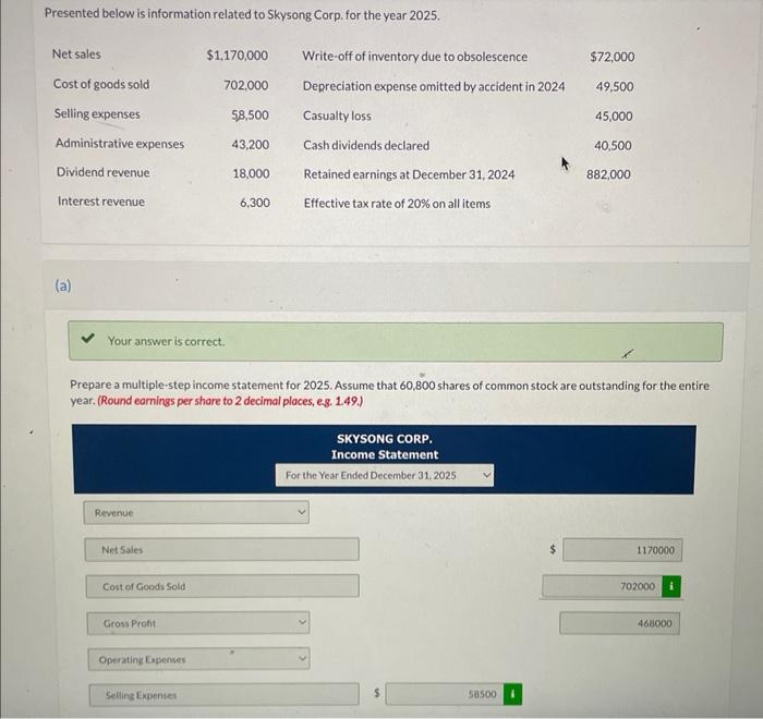 Solved Presented below is information related to Skysong | Chegg.com