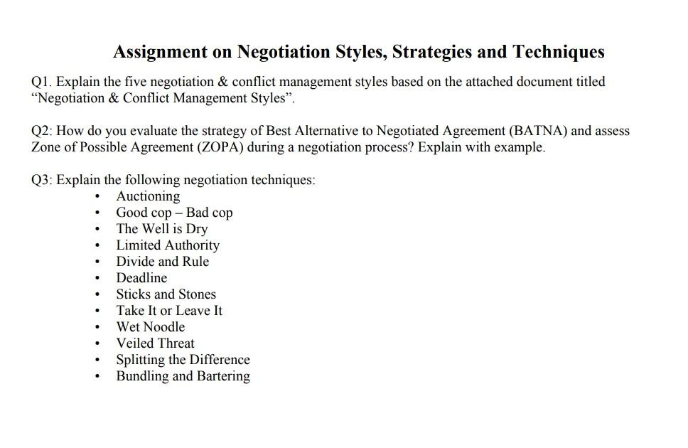 Solved Assignment on Negotiation Styles, Strategies and | Chegg.com