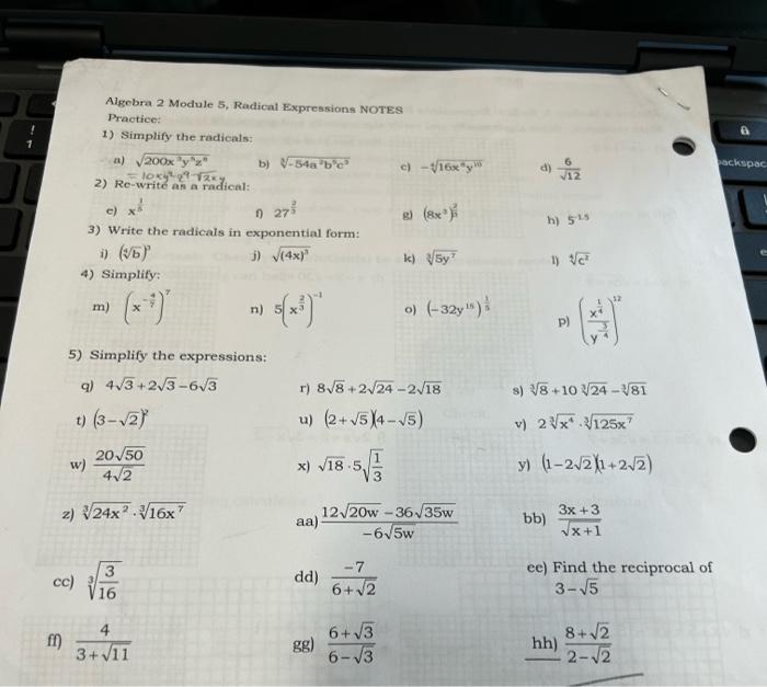Solved ! J Algebra 2 Module 5, Radical Expressions NOTES | Chegg.com