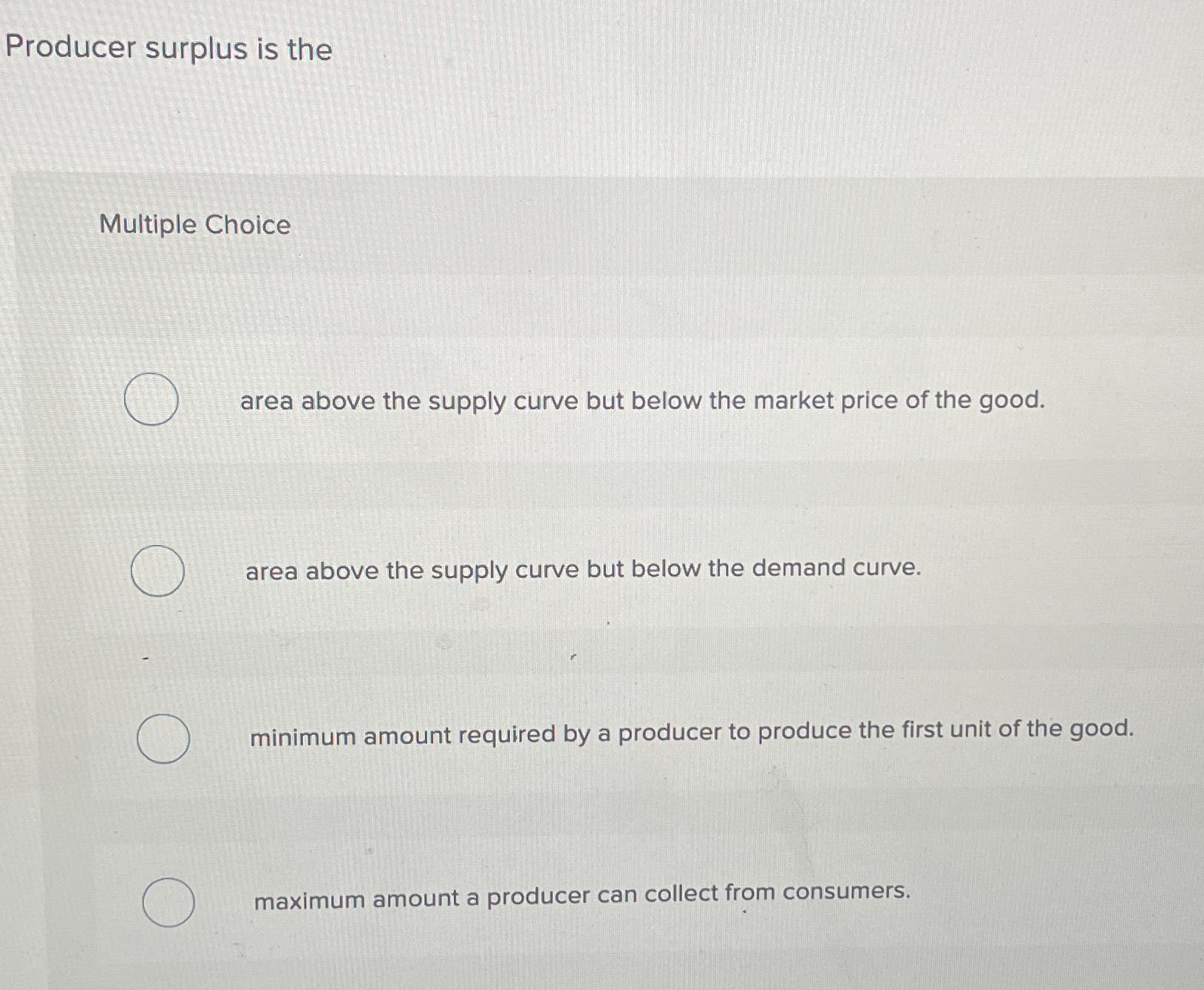 Solved Producer surplus is theMultiple Choicearea above the | Chegg.com