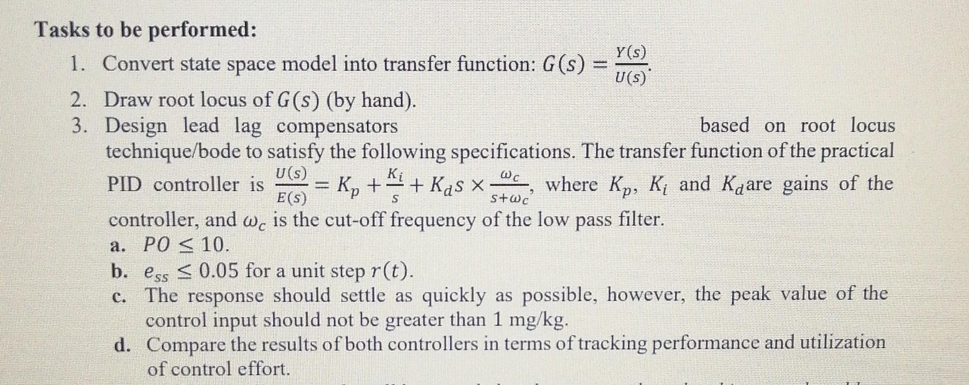 Solved Tasks to be performed: 1. Convert state space model | Chegg.com