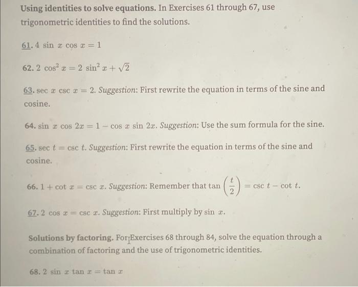 Solved Using identities to solve equations. In Exercises 61 | Chegg.com