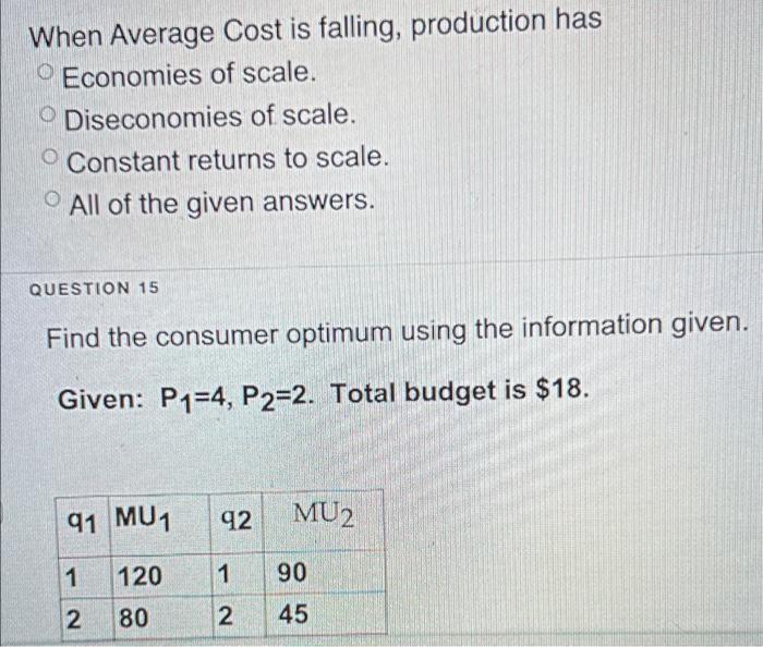 Solved 0 When Average Cost is falling, production has | Chegg.com