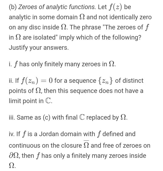 Solved (b) Zeroes of analytic functions. Let f(z) be | Chegg.com