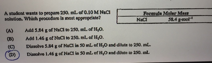 Solved CA A student wants to prepare 250 mL of 0.10 M Naci | Chegg.com