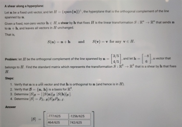 Solved A shear along a hyperplane:Let n ﻿be a fixed unit | Chegg.com