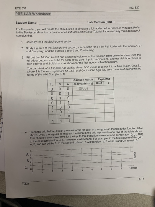 Solved ECE 331 rev. S20 PRE-LAB Worksheet: Student Name: | Chegg.com
